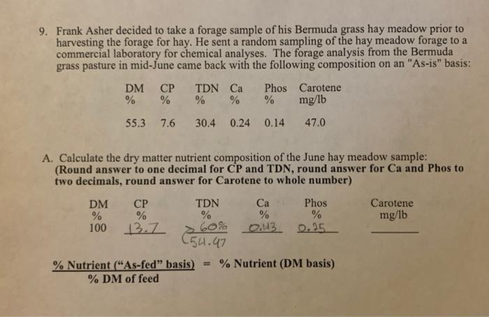 Solved Frank Asher decided to take a forage sample of his | Chegg.com