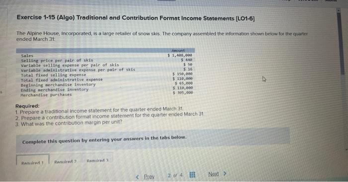 Solved Exercise 1-15 (Algo) Traditional and Contribution | Chegg.com