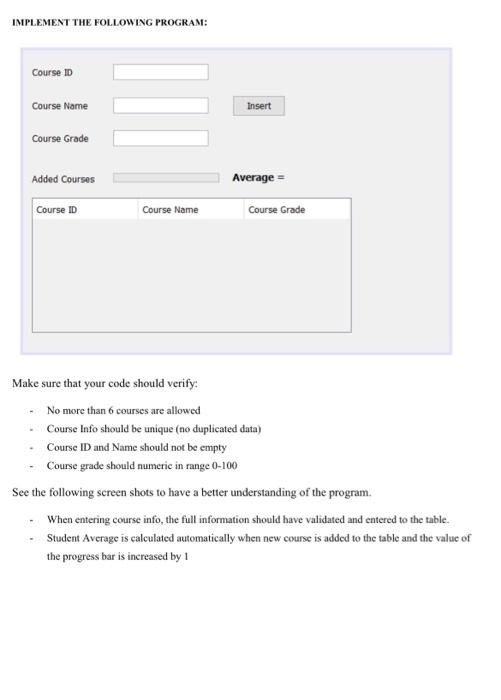Solved IMPLEMENT THE FOLLOWING PROGRAM: Course 10 Course | Chegg.com
