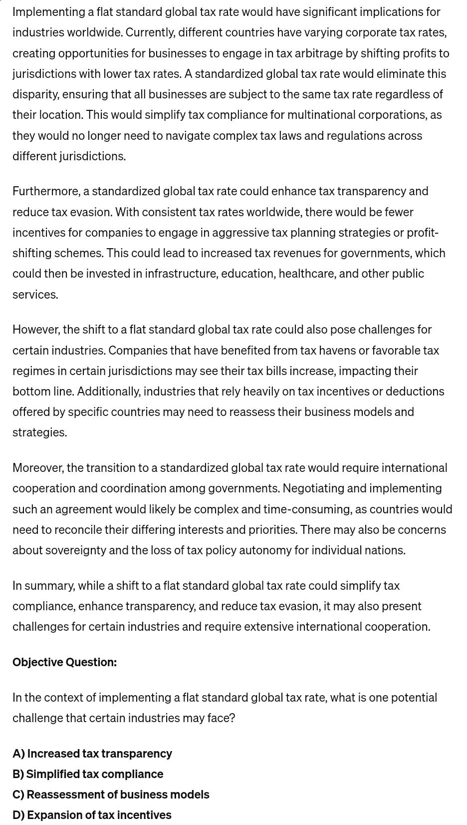 Solved Implementing a flat standard global tax rate would | Chegg.com