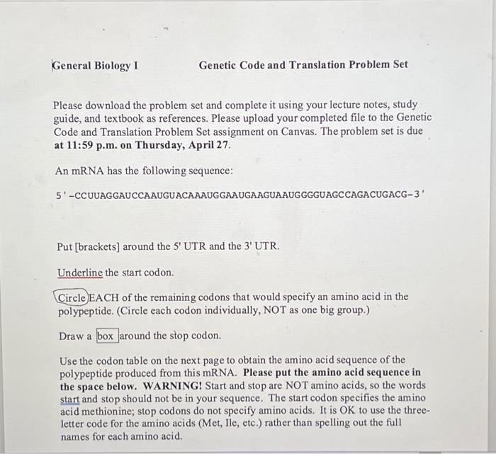 General Biology I Genetic Code and Translation | Chegg.com