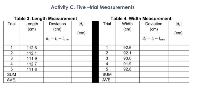 Solved Activity C. Five-trial Measurements Table 3. Length | Chegg.com