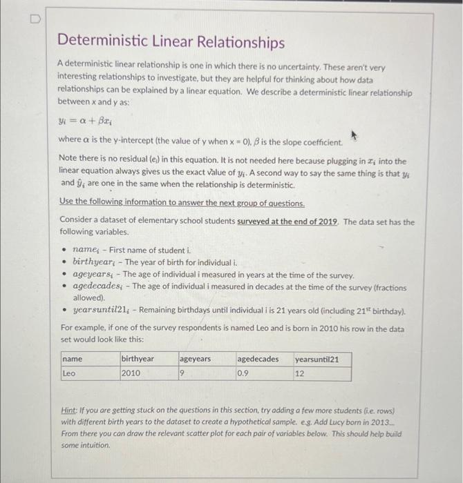 Solved U Deterministic Linear Relationships A deterministic | Chegg.com