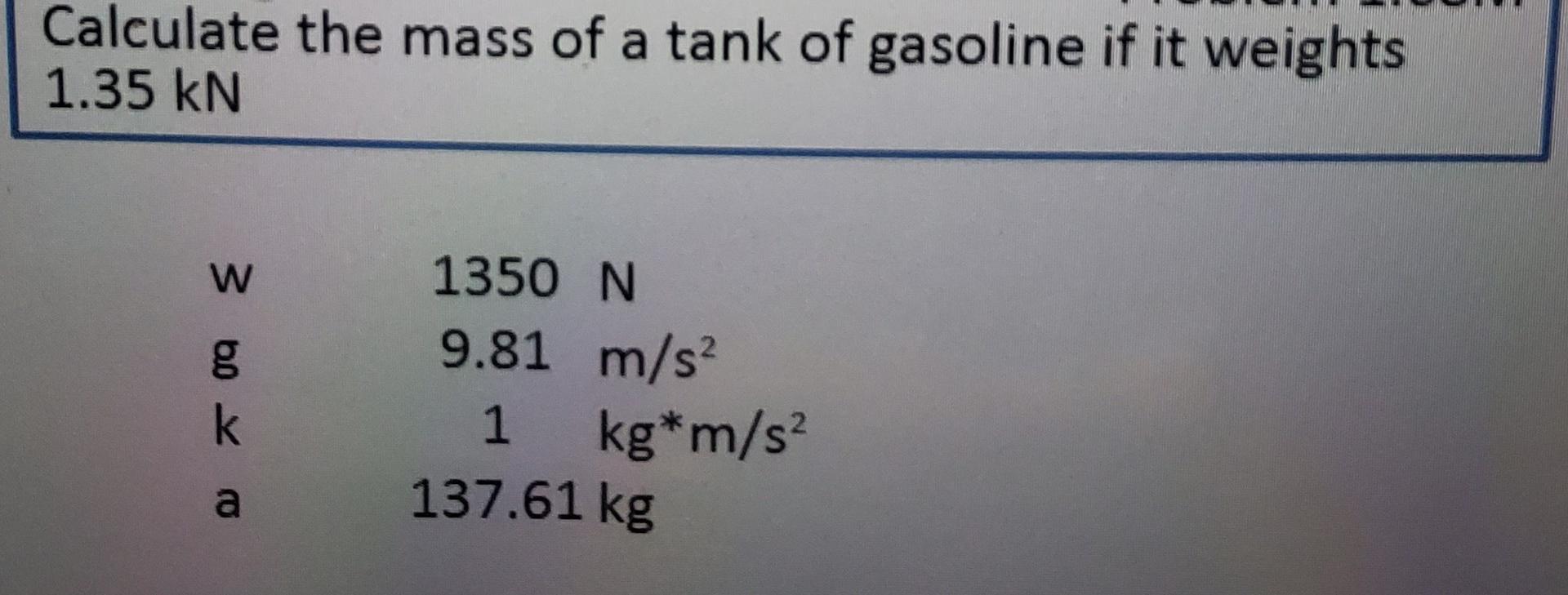 Solved Calculate the mass of a tank of gasoline if it | Chegg.com