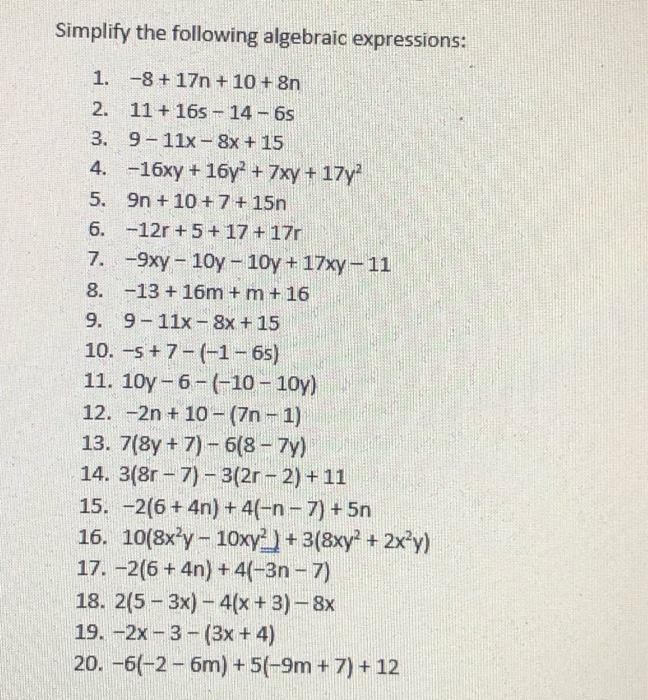 Solved Simplify the following algebraic expressions: 1. | Chegg.com