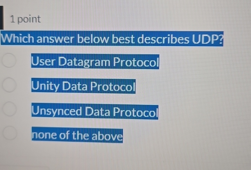 Solved 1 ﻿pointWhich answer below best describes UDP?User | Chegg.com