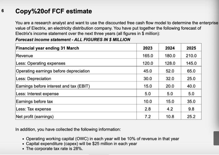 Solved Copy\%20of FCF estimate You are a research analyst | Chegg.com