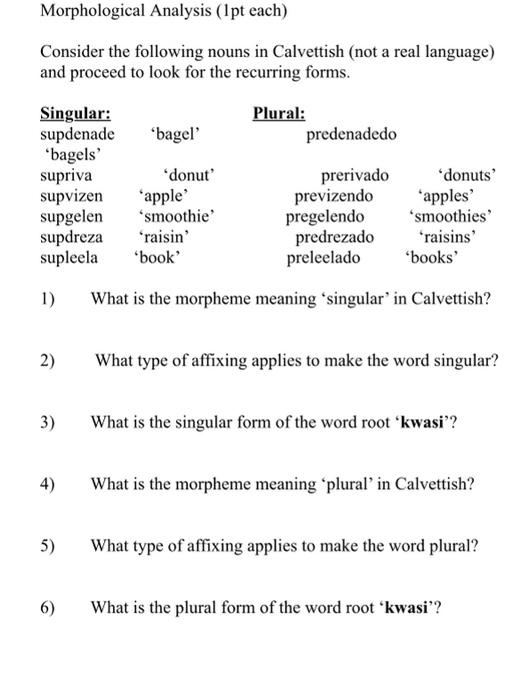Morphological Analysis (1pt each) Consider the | Chegg.com