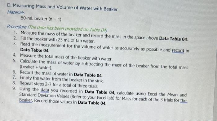 D. Measuring Mass and Volume of Water with Beaker | Chegg.com