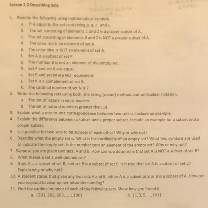 Solved Lesson 2.2 Describing Sets 1. Rewrite the following | Chegg.com