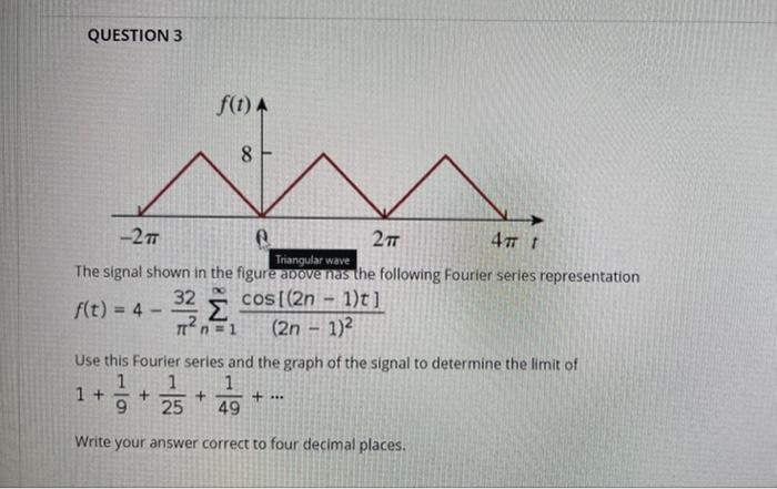 Solved QUESTION 3 f(t) 8 4T 1 -271 2 TT Triangular wave The | Chegg.com