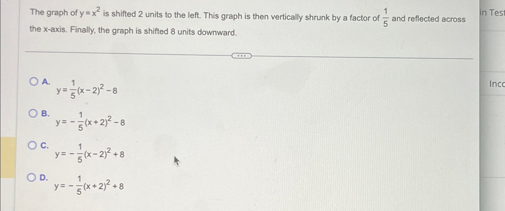 Solved The graph of y=x2 ﻿is shifted 2 ﻿units to the left. | Chegg.com