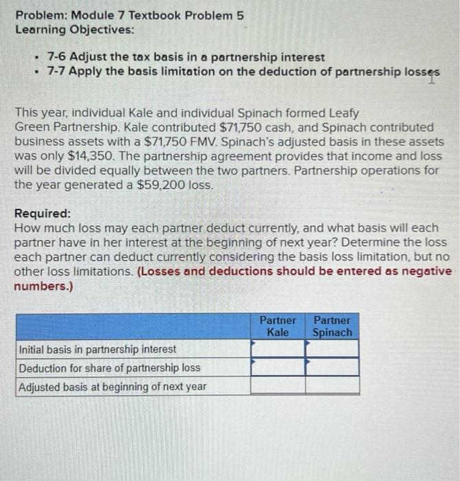Solved - 7-6 Adjust the tax basis in a partnership interest | Chegg.com