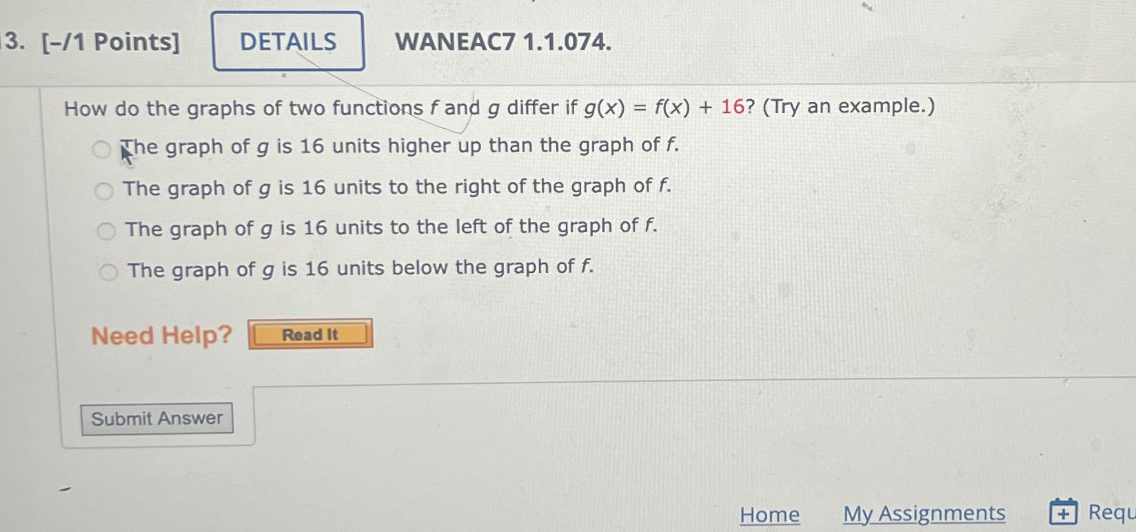 Solved [-/1 ﻿Points]WANEAC7 1.1.074.How do the graphs of two | Chegg.com