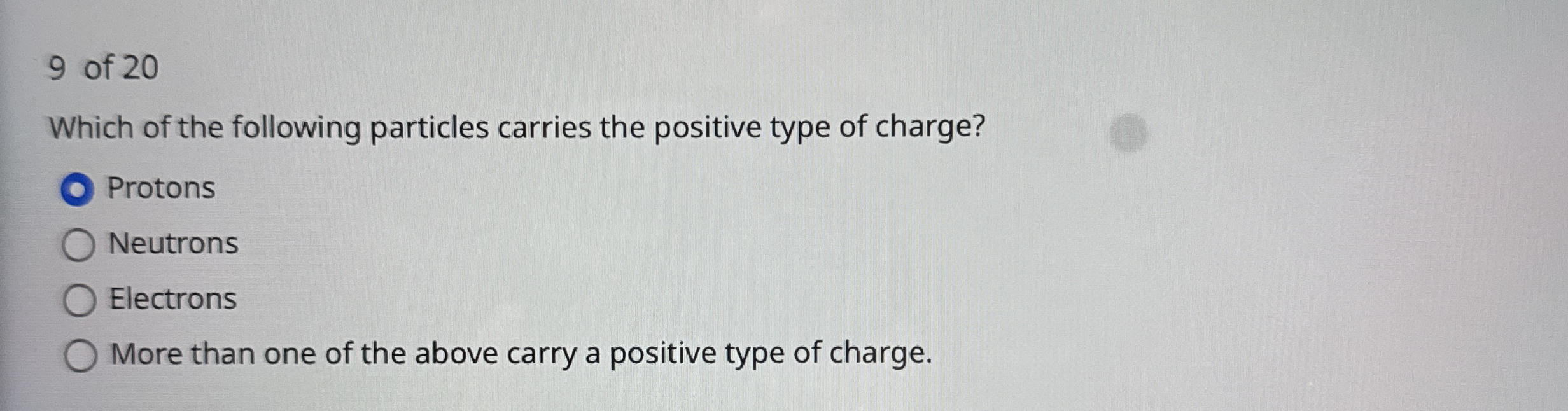 Solved 9 ﻿of 20Which of the following particles carries the | Chegg.com