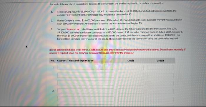 Solved For each of the unrelated transactions described | Chegg.com