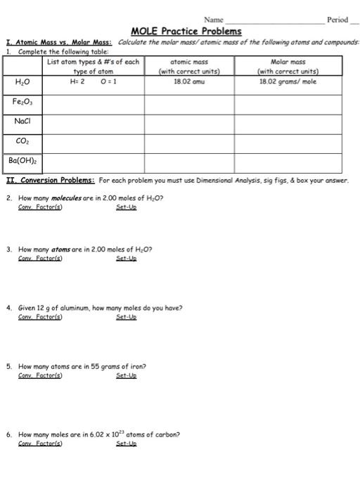 Solved Name Period MOLE Practice Problems I Atomic Mass | Chegg.com