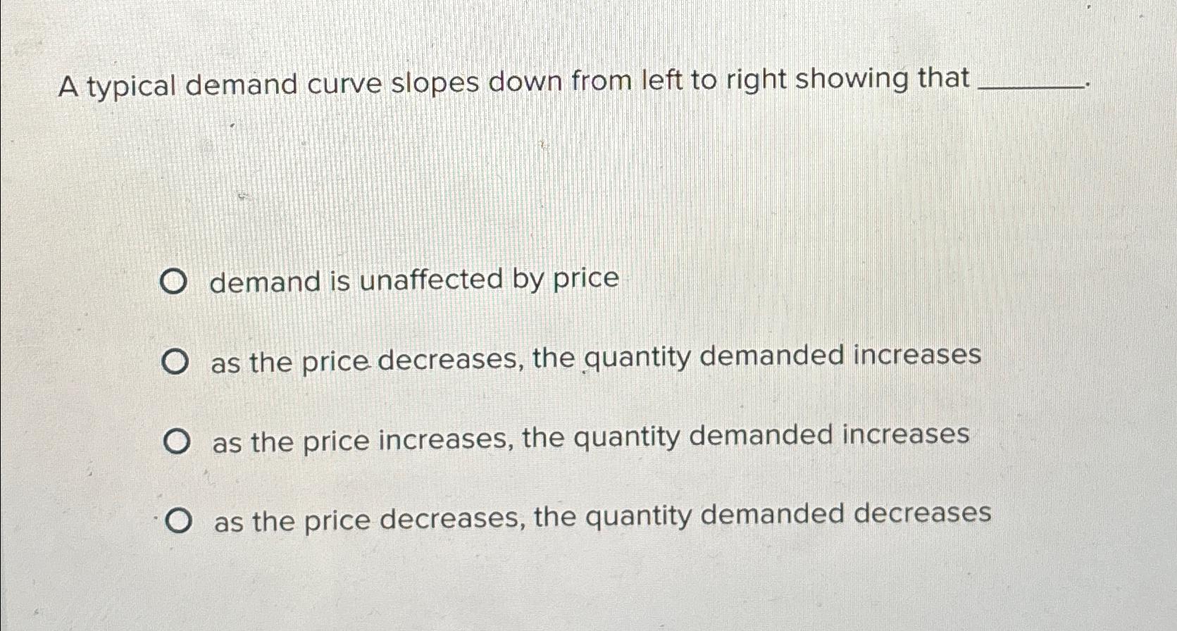 Solved A typical demand curve slopes down from left to right | Chegg.com