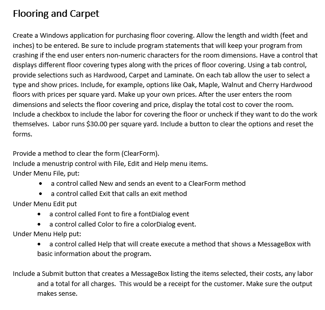 Solved Flooring and CarpetCreate a Windows application for | Chegg.com