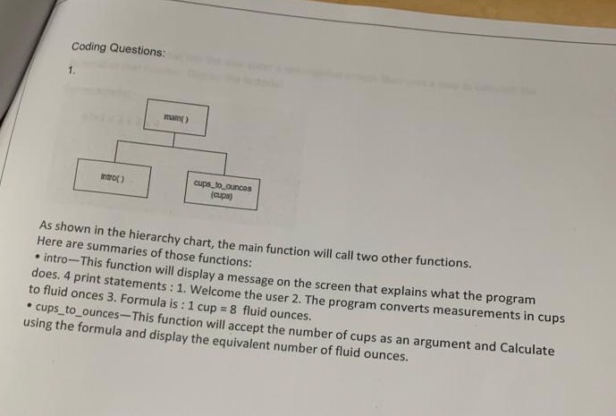 Solved Coding Questions: Intro) cups to ounces cups As shown | Chegg.com