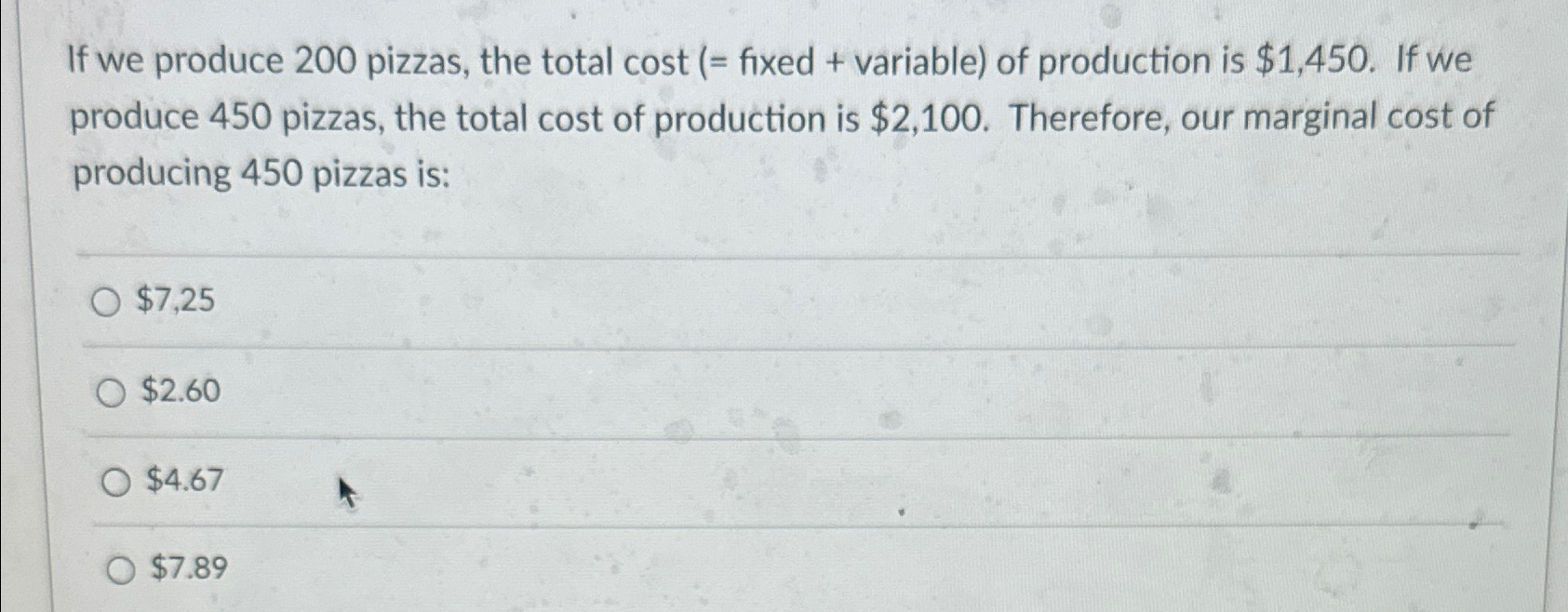 Solved If we produce 200 ﻿pizzas, the total cost (= ﻿fixed + | Chegg.com
