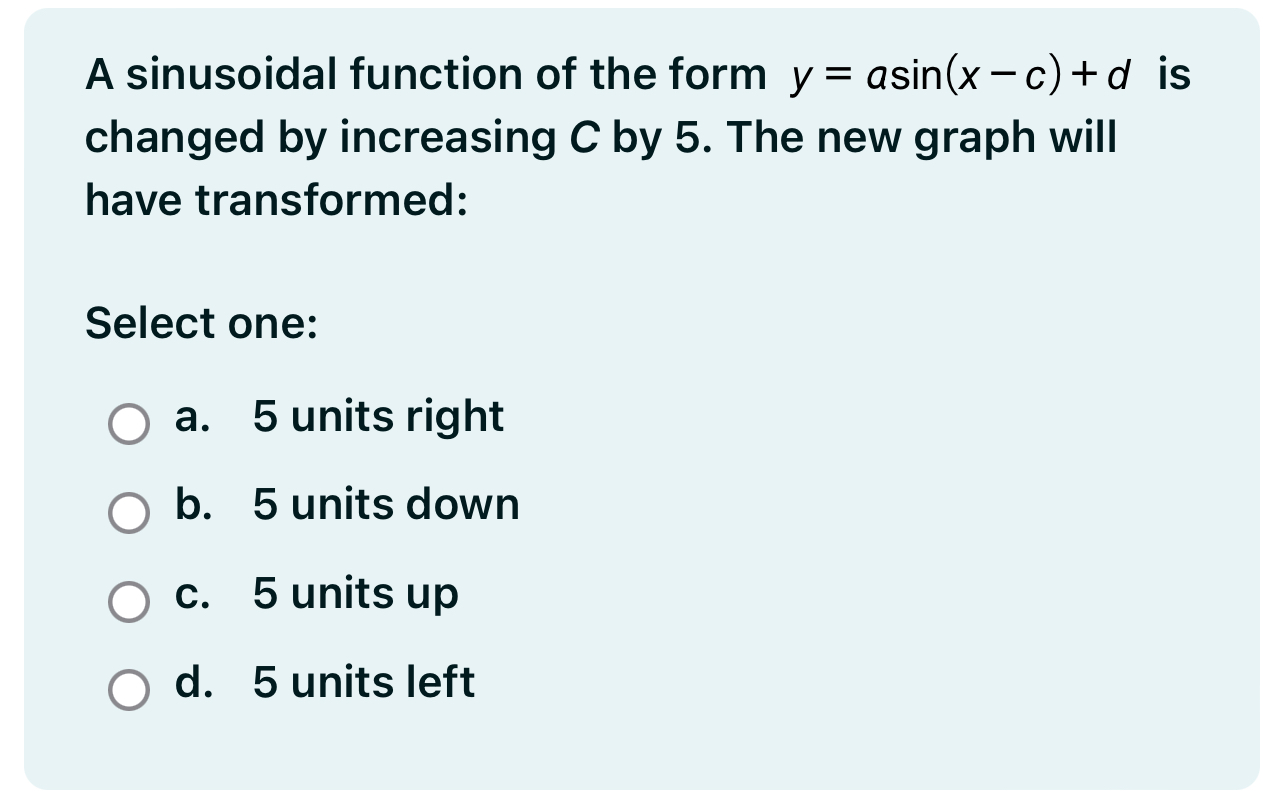Solved A sinusoidal function of the form y=asin(x-c)+d ﻿is | Chegg.com
