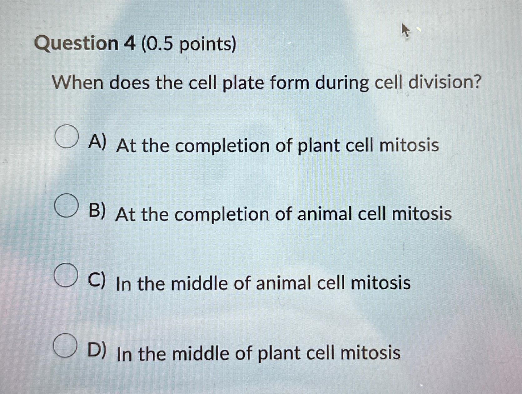 Solved Question 4 ( 0.5 ﻿points)When does the cell plate | Chegg.com