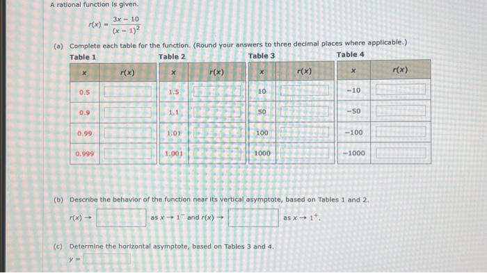 Solved A rational function is given. (a) Complete each table | Chegg.com
