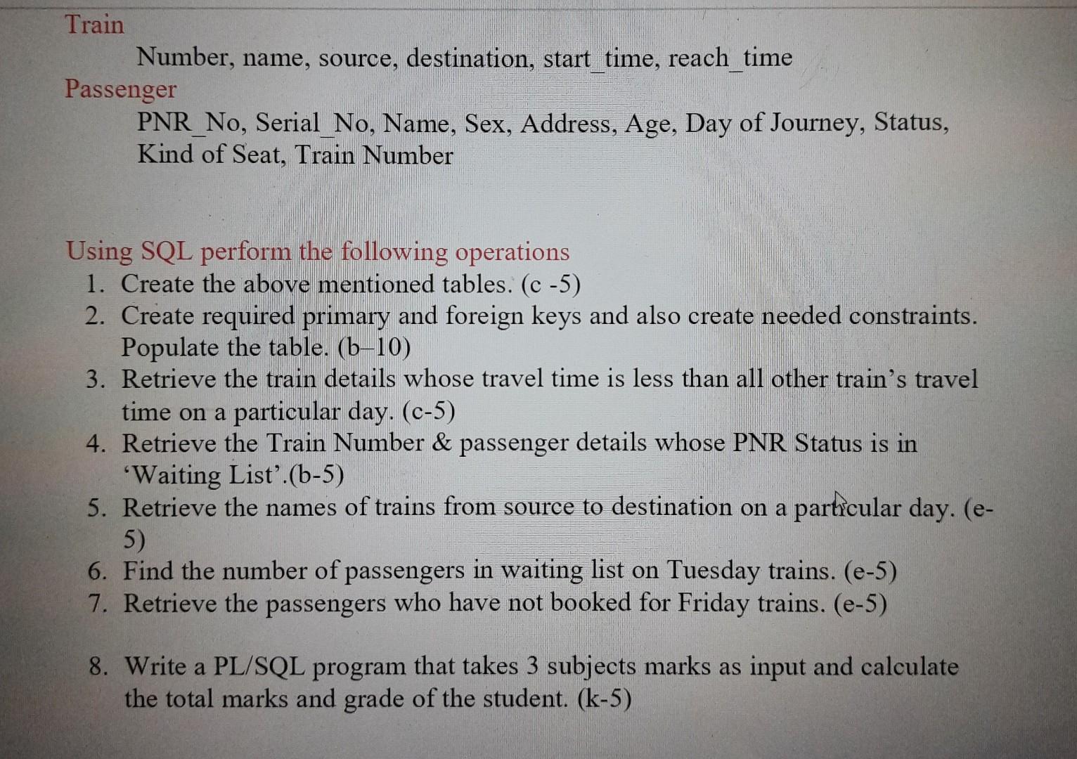 Solved Train Number, name, source, destination, start time, | Chegg.com