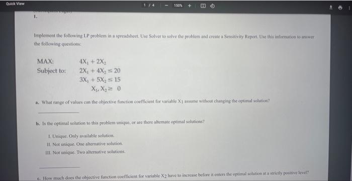 Solved Implement the following LP problem in a spreadhiteet, | Chegg.com