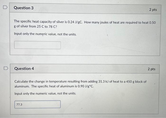 Solved The specific heat capacity of silver is 0.24 J/gC. | Chegg.com