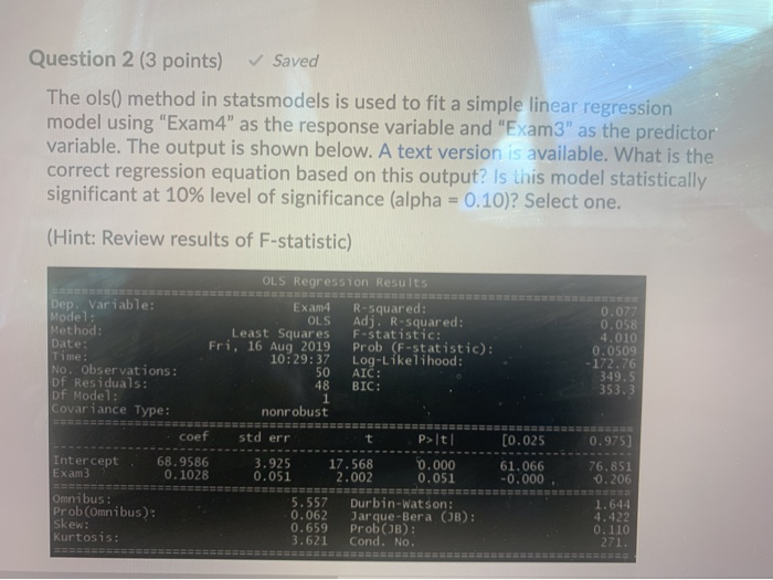 Solved Question 2 3 Points Saved The Ols Method In 