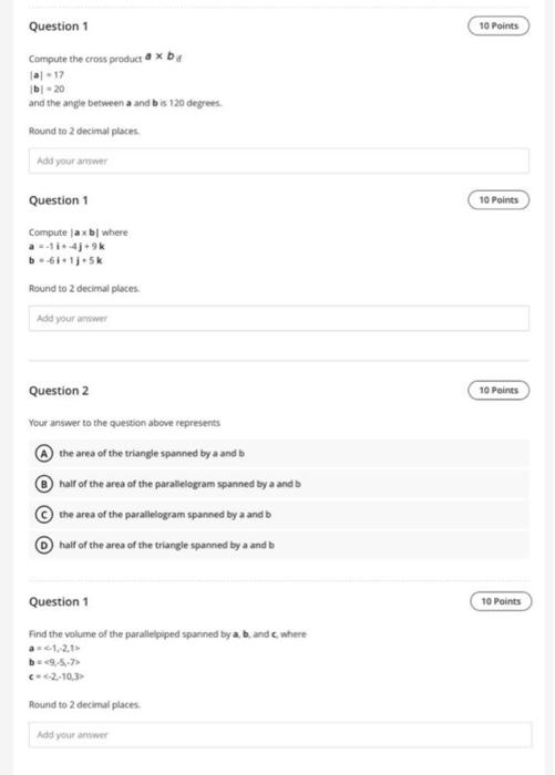 Solved Question 1 10 Points Compute The Cross Product Axb