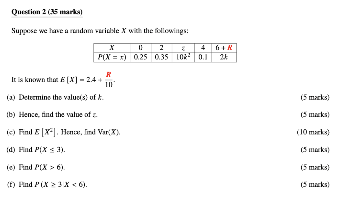 Solved Question 2 (35 ﻿marks) ﻿R=1Suppose we have a random | Chegg.com