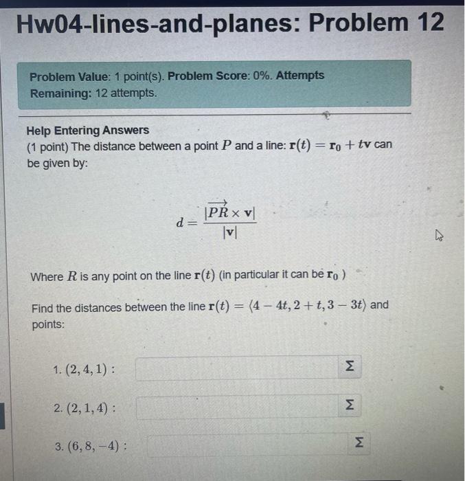 Solved Hw04-lines-and-planes: Problem 12 Problem Value: 1 | Chegg.com