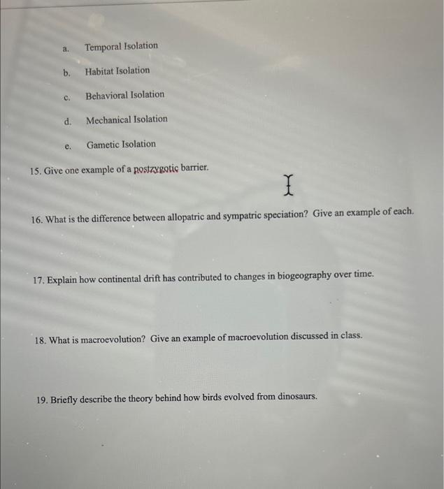 Solved a. Temporal Isolation b. Habitat Isolation c. | Chegg.com