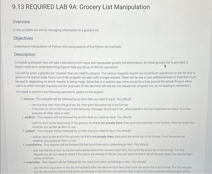 Solved 9.13 REQUIRED LAB 9A: Grocery List Manipulation | Chegg.com