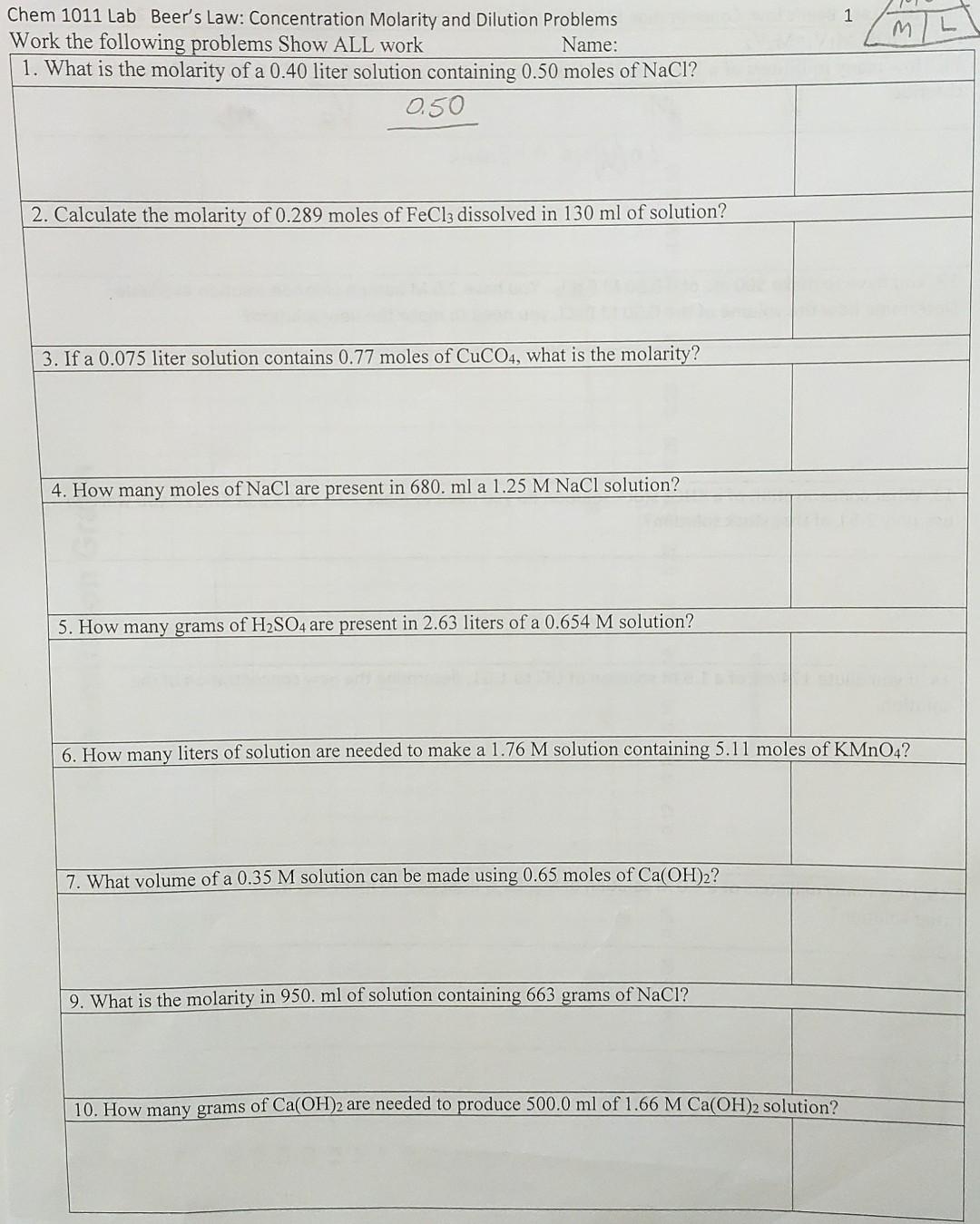 Solved Chem 1011 Lab Beer's Law: Concentration Molarity and | Chegg.com