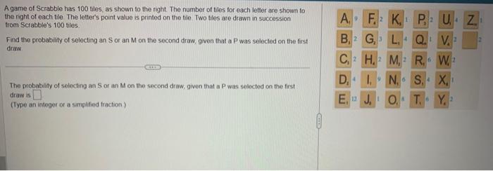 Solved A game of Scrabble has 100 tiles, as shown to the | Chegg.com