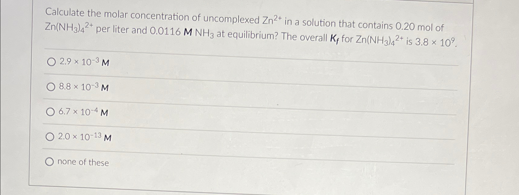 Solved Calculate the molar concentration of uncomplexed Zn2+ | Chegg.com