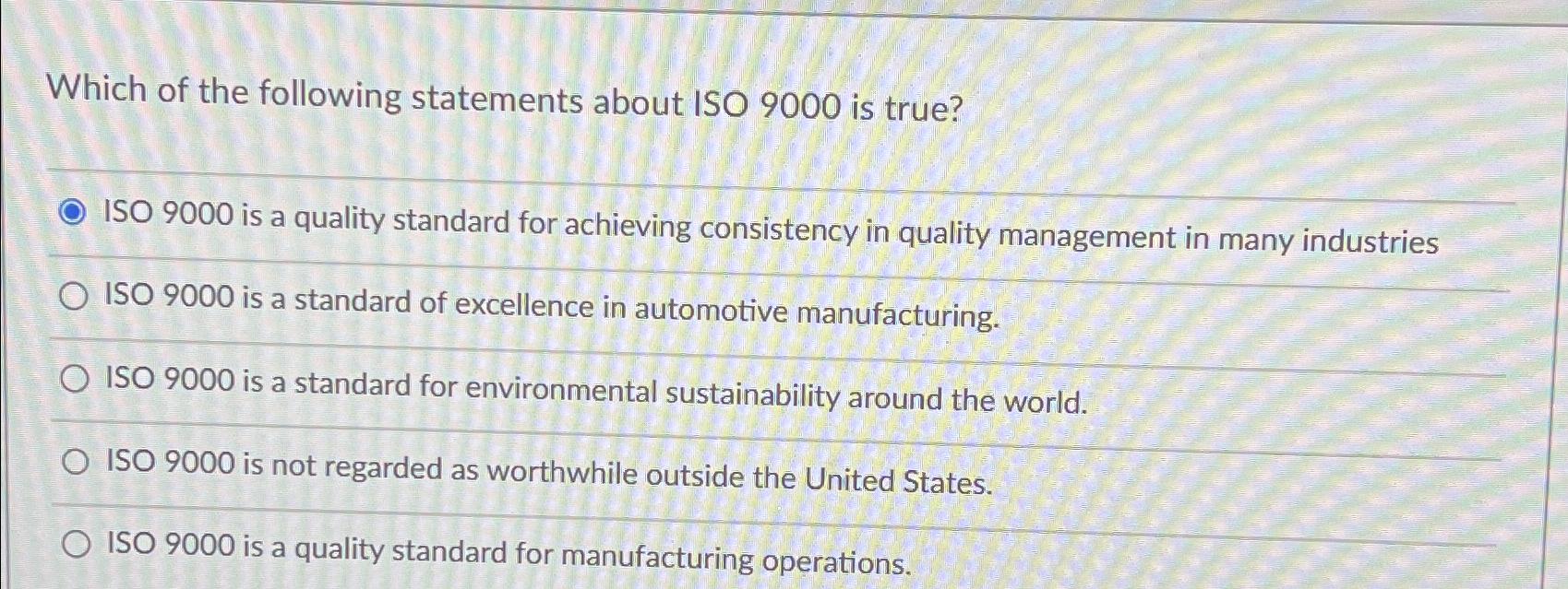 Solved Which of the following statements about ISO 9000 ﻿is | Chegg.com