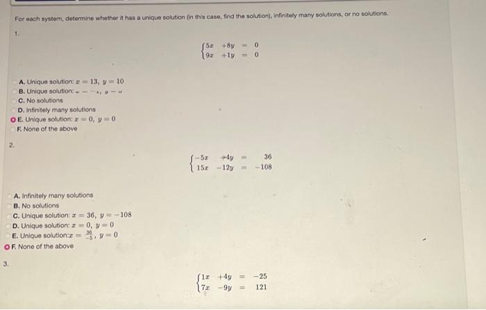 Solved For each system, determine whether it has a unique | Chegg.com