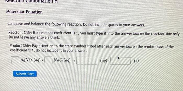 Solved Reaction Combination F Molecular Equation Complete | Chegg.com