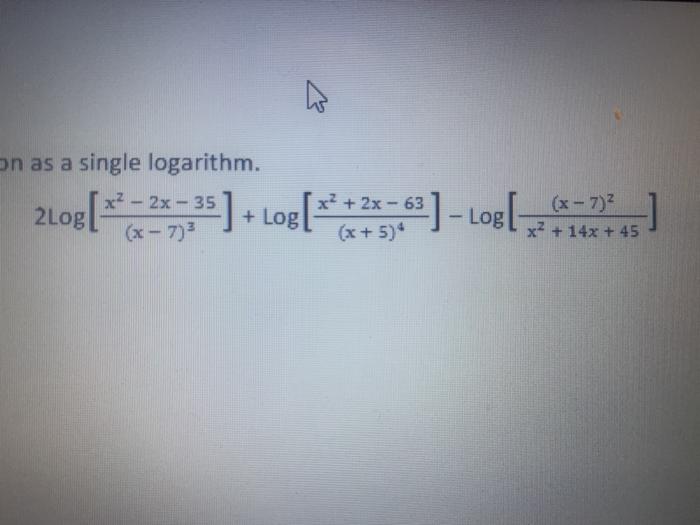 Solved on as a single logarithm. 2108[*******] + Log[**75*** | Chegg.com