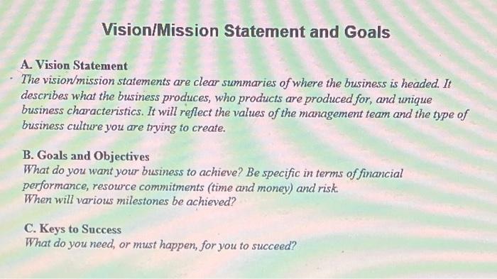 Solved Vision/Mission Statement and Goals A. Vision | Chegg.com