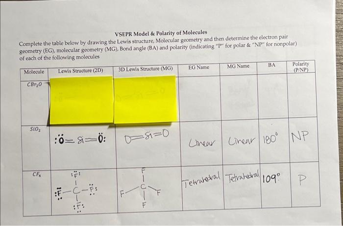 Solved VSEPR Model \& Polarity of Molecules Complete the | Chegg.com