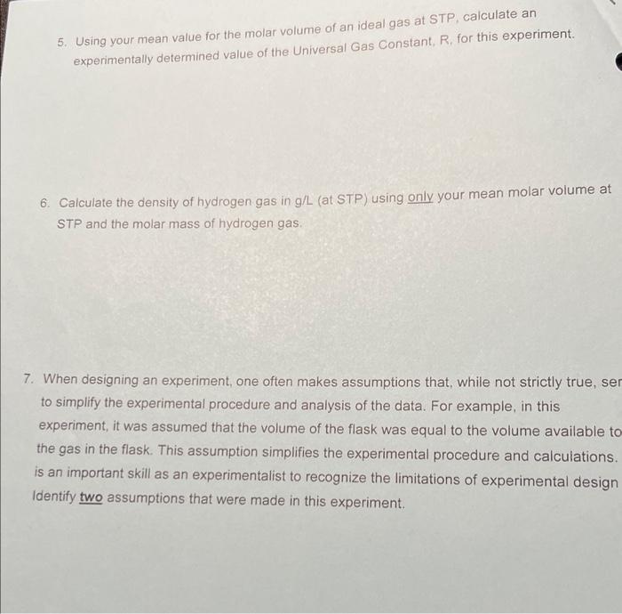 Molar Volume of a Gas Lab - First year chemistry lab | Chegg.com