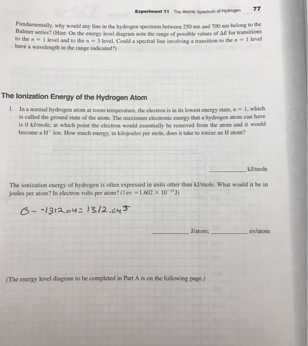 Solved Experiment 11 The Atomic Spectrum of Hydrogen 77 | Chegg.com
