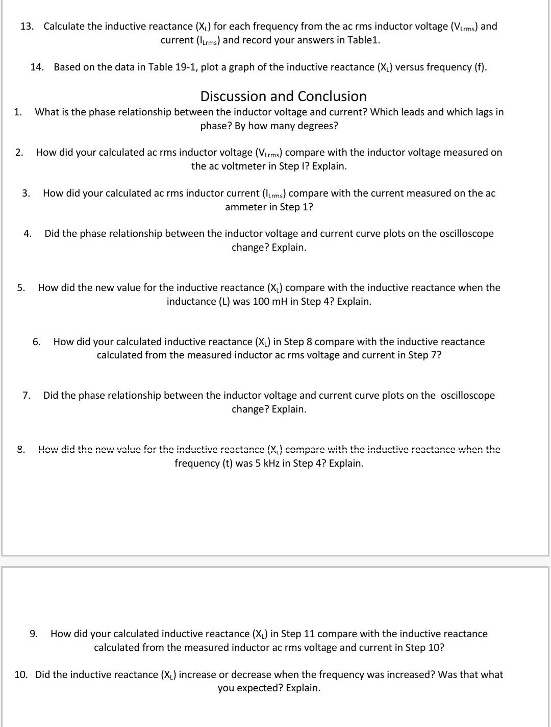 Solved 13 Calculate The Inductive Reactance Xl For Each
