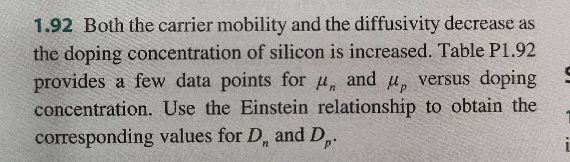 Solved 1.92 Both the carrier mobility and the diffusivity | Chegg.com